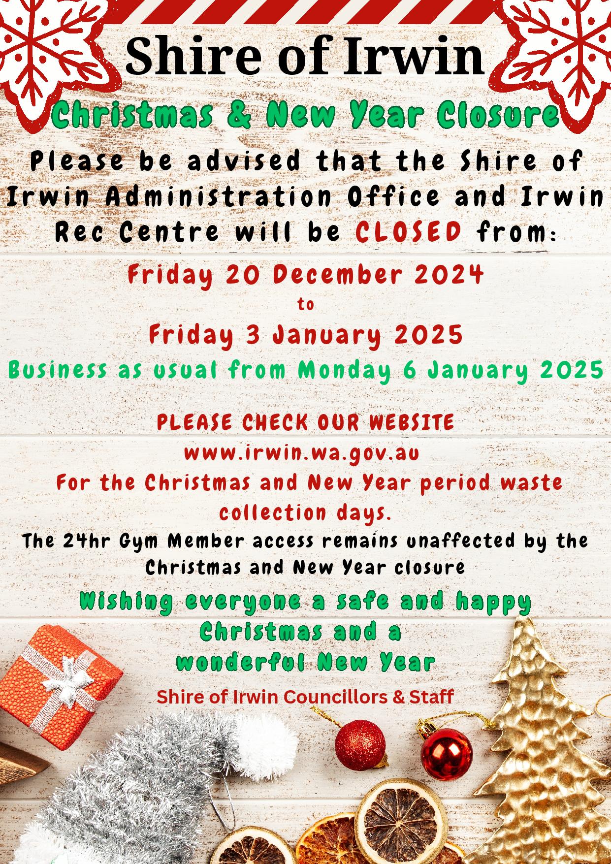Shire of Irwin Admin Centre and Rec Centre Christmas Closure 2024 ...