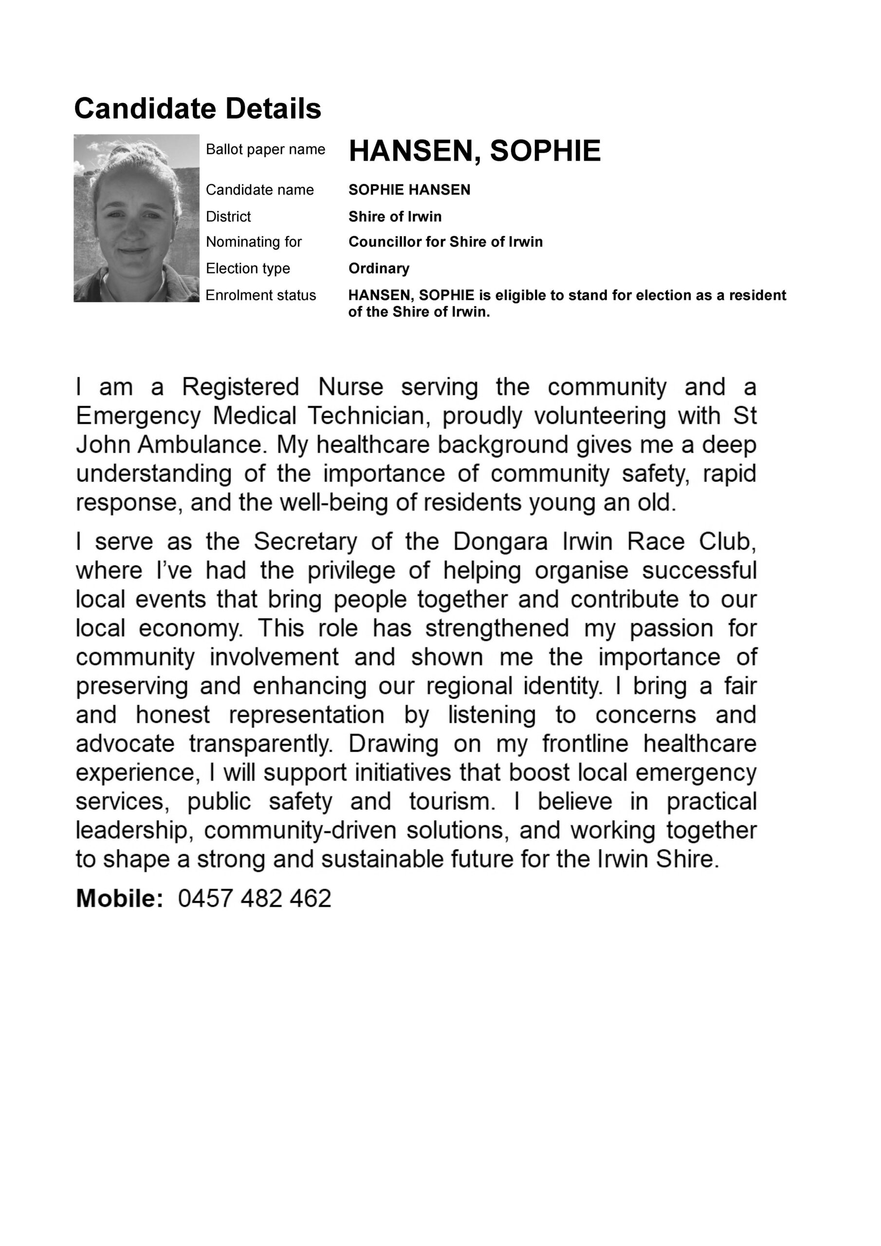 SOPHIE HANSEN - Shire of Irwin